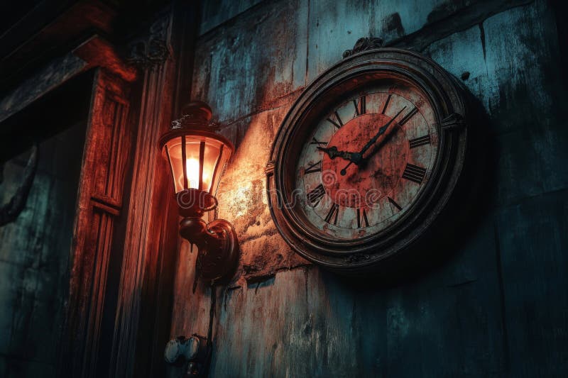 An Antique Clock and Lamp Mounted on a Wall Stock Illustration ...