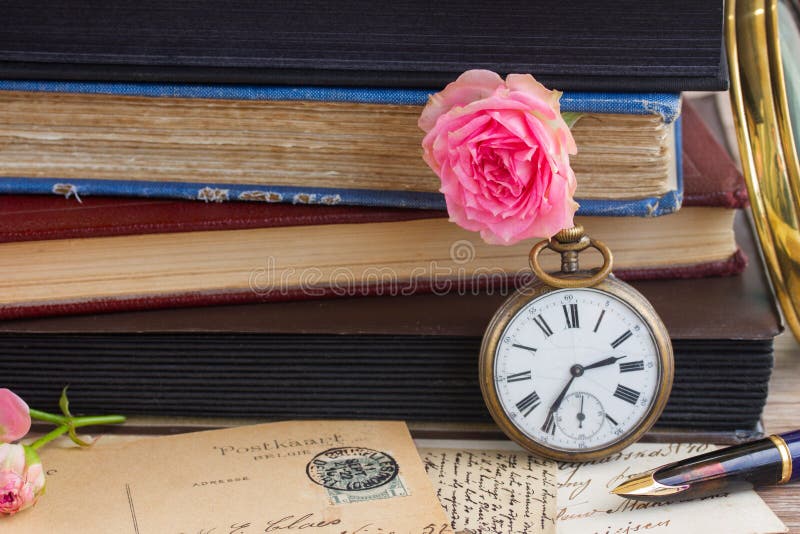 Antique Clock with Old Books and Letters Stock Photo - Image of letter ...