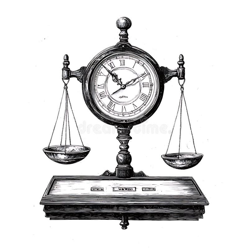 Antique Clock Scales Time, Balance, Justice Concept Stock Illustration ...