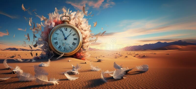 An Antique Clock Surrounded by a Feather Explosion in a Desert ...