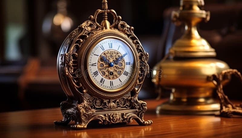 Antique clock on table stock illustration. Illustration of metal ...