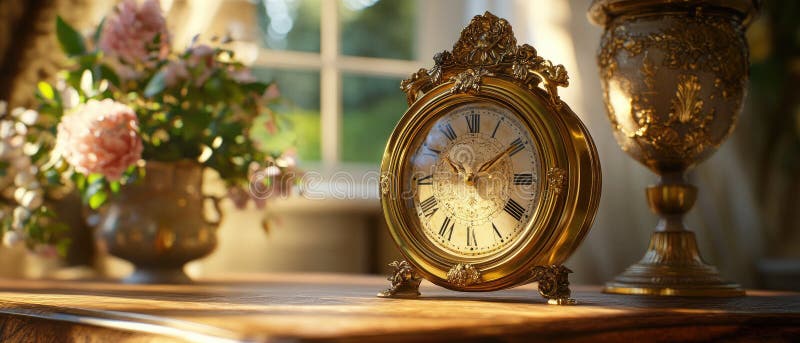 "VINTAGE CLOCK on WOODEN TABLE with FLOWERS" Stock Illustration ...