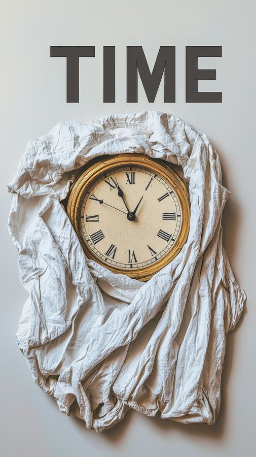 Antique Clock Wrapped in White Fabric with the Word "TIME" Above Stock ...