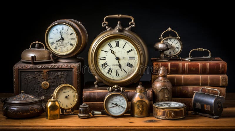 Antique Clocks, Books and Collectables Stock Illustration ...