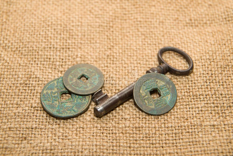 Antique Coins and Keys on Old Cloth Stock Image - Image of pelf, money ...