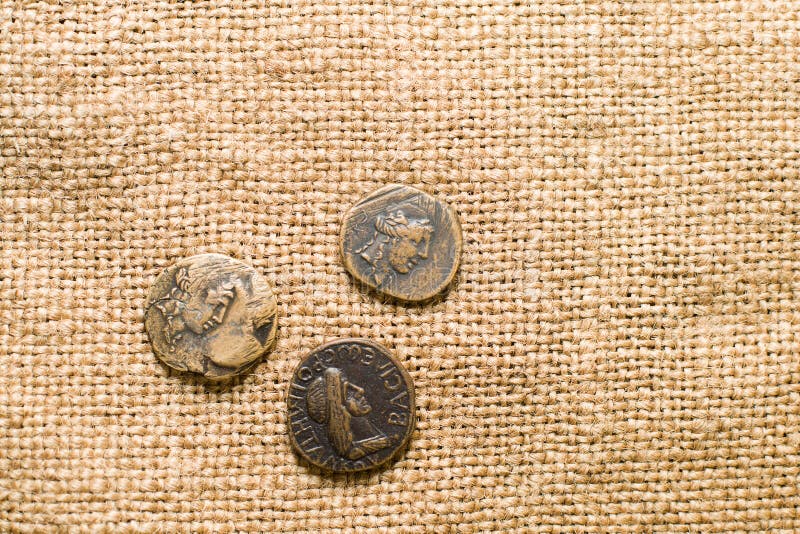 Antique Coins with Portraits of Emperors on Old Cloth Stock Photo ...