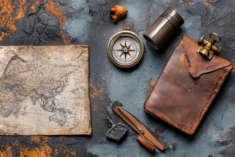An Antique Collection Featuring a Map Compass Leather Pouch and Vintage ...