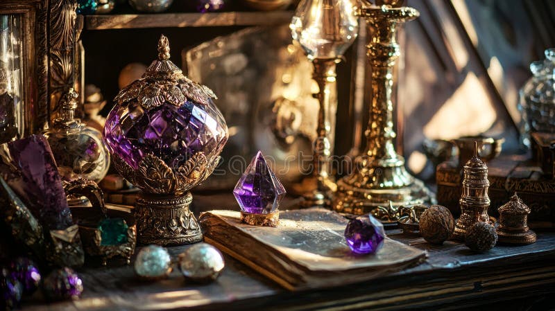 Antique Collection with Gemstones and Ornate Objects in Dim Lighting ...
