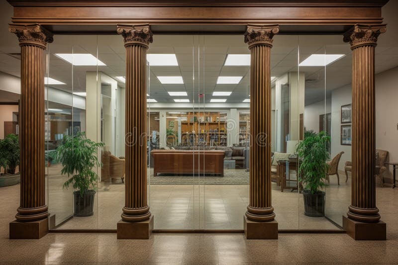 Antique Columns Framing a Glass Door of a Corporate Office Stock Photo ...