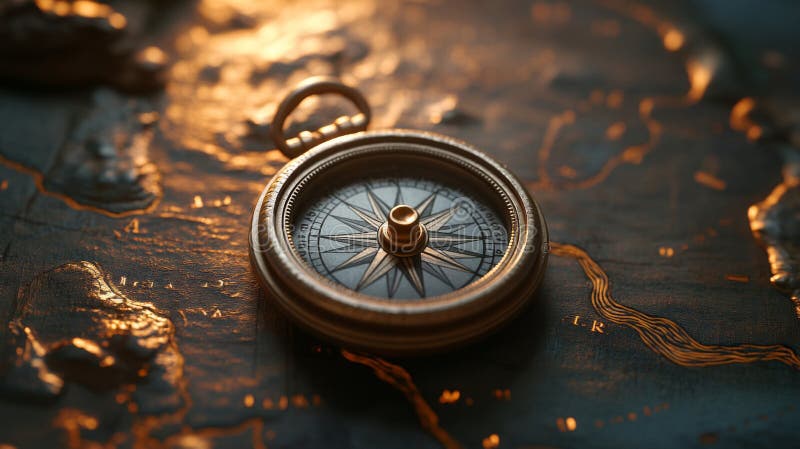Antique Compass on Aged Map with Warm Lighting Stock Illustration ...