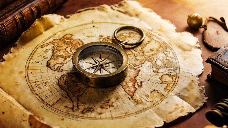 Antique Compass and an Ancient World Map Displayed Elegantly on a ...