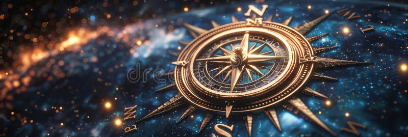 Antique Compass with Celestial Galaxy Background, Stars, and Glowing ...