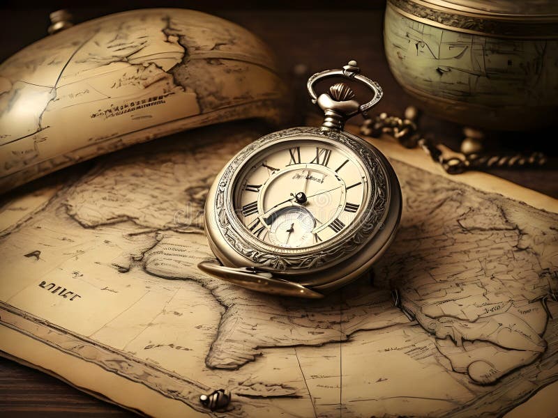 Antique Compass Clock on Ancient Map Ai Generated Stock Illustration ...