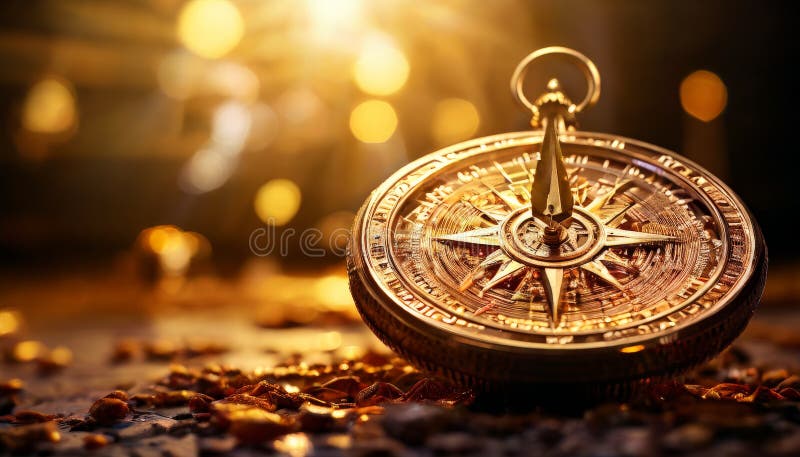Antique Compass on a Map with Golden Light Representing Guidance Stock ...