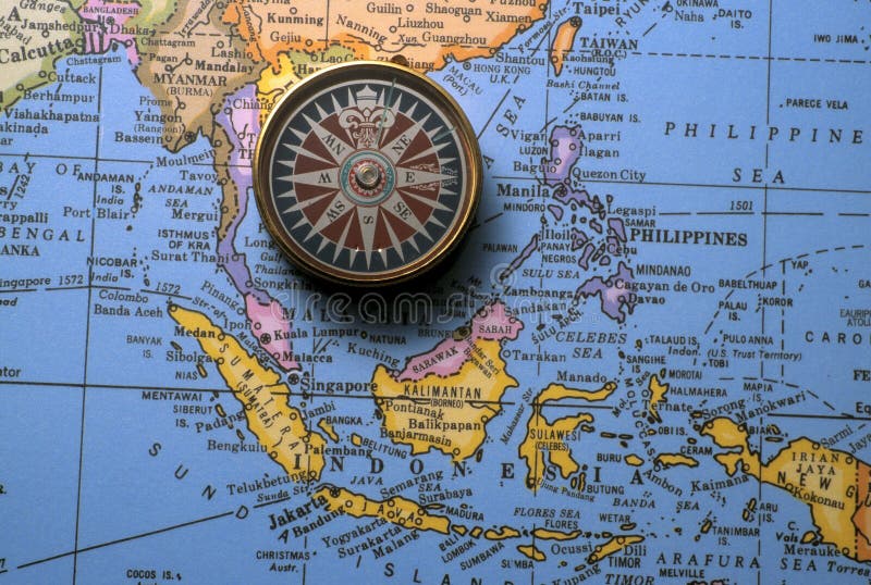 Antique Compass on Map (South East Asian Region) Stock Image - Image of ...