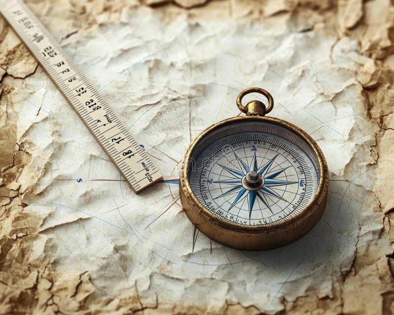 Vintage Compass and Ruler on Old Map Stock Illustration - Illustration ...