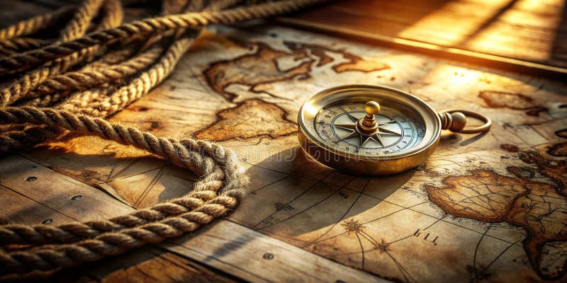 Antique Compass and Nautical Rope Resting on Aged World Map. Generative ...