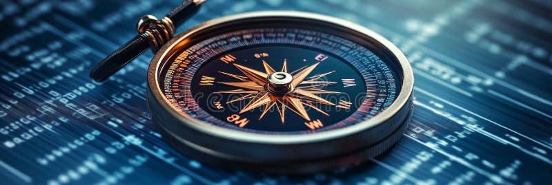 Antique Compass Navigating through a Sea of Glowing Digital Data Points ...