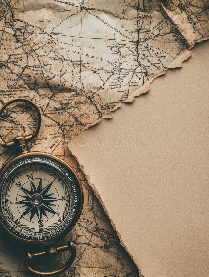 Antique Compass on an Old Map with Blank Parchment Ready for Adventure ...