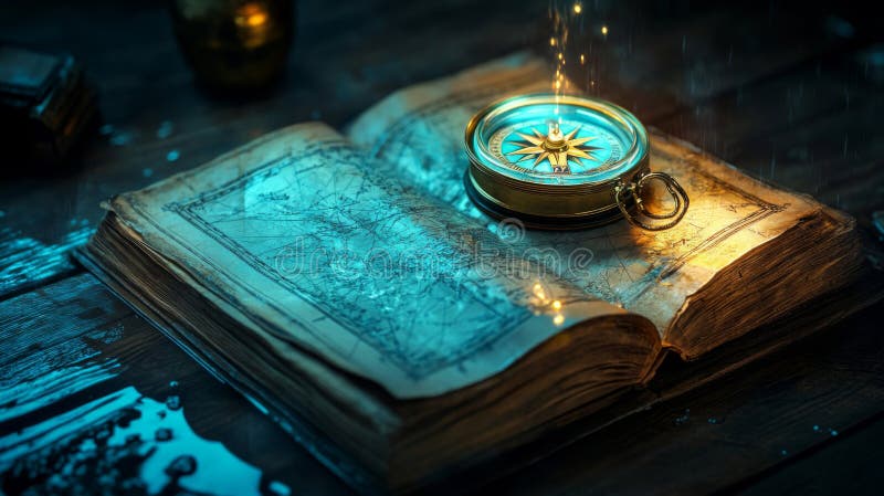 Antique Compass on Open Book, Magical Adventure Stock Illustration ...