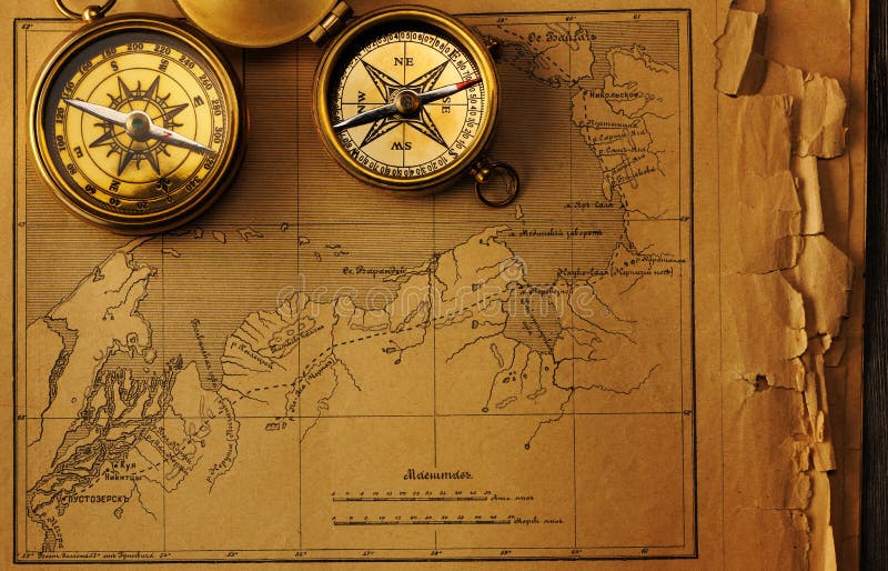 Antique Compass Over Old Map Stock Image - Image of magnetic, antique ...