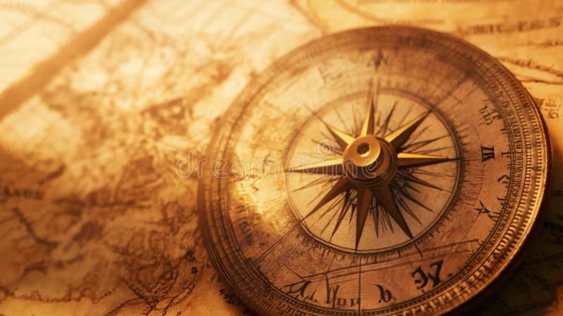 Close-up of an Antique Compass Resting on Weathered Parchment Map ...