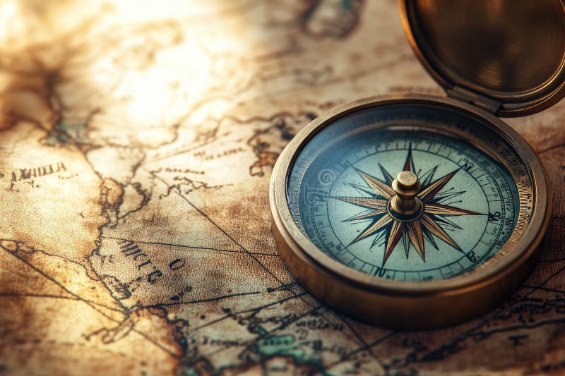 Antique Compass Resting on Ancient Map Showing the Americas Stock ...