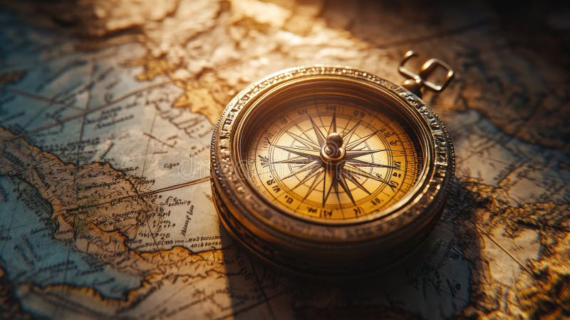 Antique Compass Resting on Ancient Map Showing the Americas Stock ...