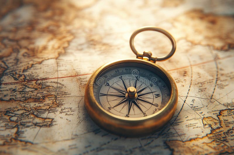 Antique Compass Resting on Ancient Map Showing the Americas Stock ...