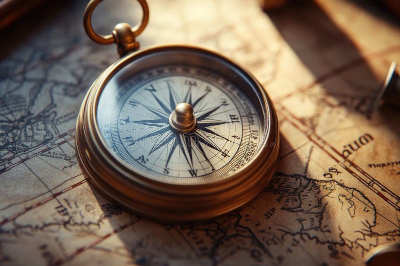 Antique Compass Resting on Ancient Map Showing the Americas Stock ...