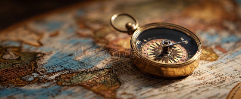 The Antique Compass Resting on an Intricately Detailed Vintage Map. AI ...
