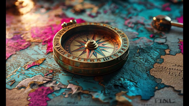 An Antique Compass Resting on an Old Colorful Map. Discover the Beauty ...