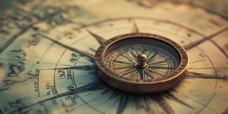 Antique Compass Resting on Vintage Map, Intricate Details and Rich ...