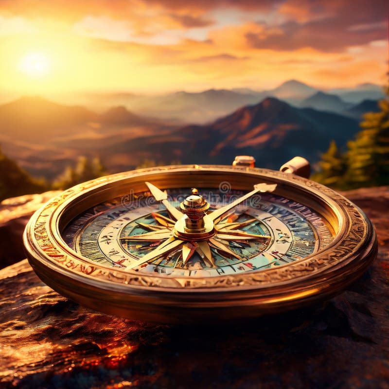 Antique Compass on Rocky Surface at Sunset with Scenic Mountain ...