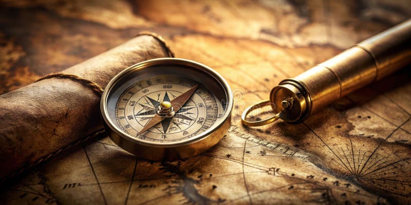 Antique Compass and Rolled Parchment Map on a Wooden Surface ...