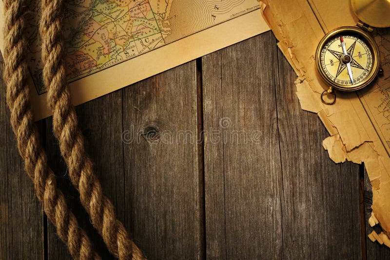 Antique Compass and Rope Over Old Map Stock Image - Image of geography ...