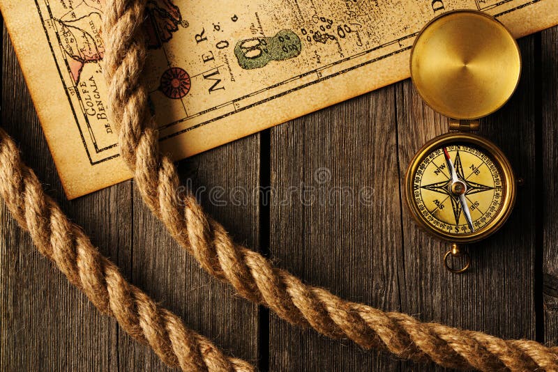 Antique Compass and Rope Over Old Map Stock Photo - Image of ancient ...