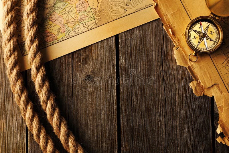 Antique Compass and Rope Over Old Map Stock Image - Image of compass ...