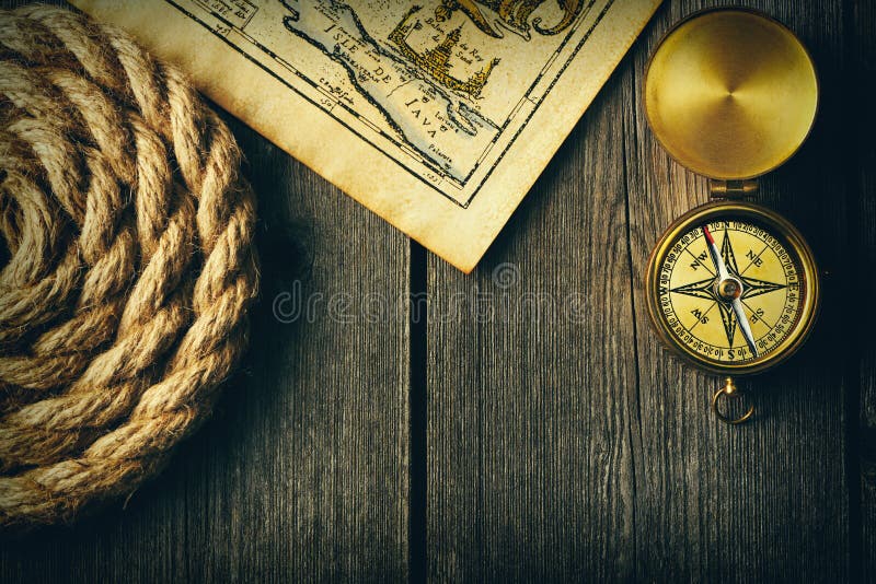 Antique Compass and Rope Over Old Map Stock Image - Image of locate ...