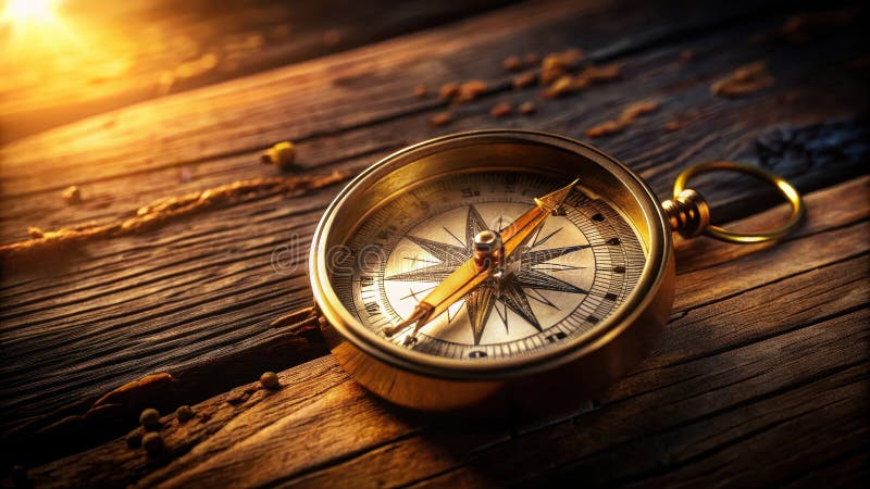 Antique Compass on Rustic Wooden Surface at Sunset. Generative AI Stock ...