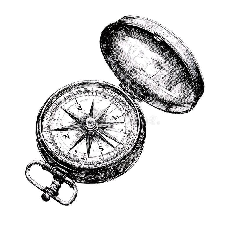 Antique Compass Sketch, Open, Showing Detail Stock Illustration ...