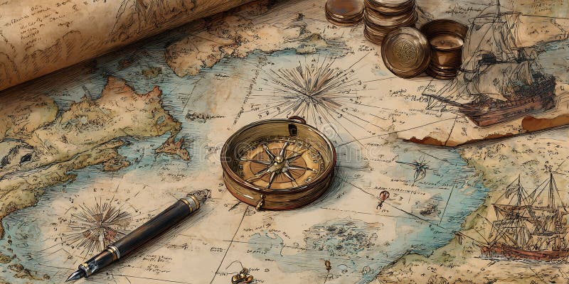 Antique Compass Treasure Map Adventure Awaits Stock Illustration - Illustration of nautical ...