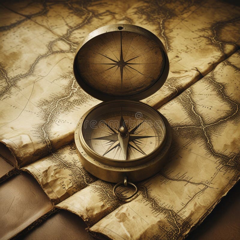 Antique Compass on Vintage Map Vintage Brass Compass and a Map of Lost ...