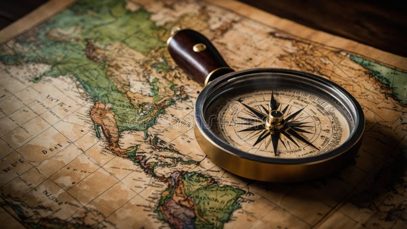 Antique Compass and Vintage Map on Explorer Table Stock Photo - Image ...