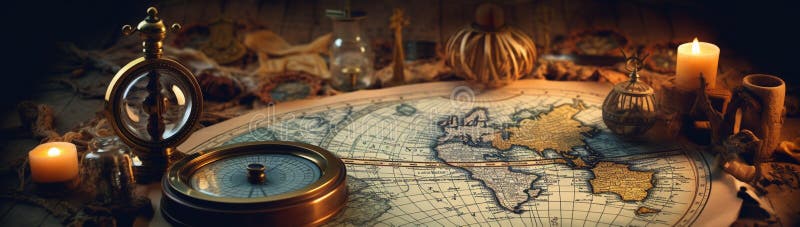 An Antique Compass and a Vintage Map Spread Out Stock Illustration ...