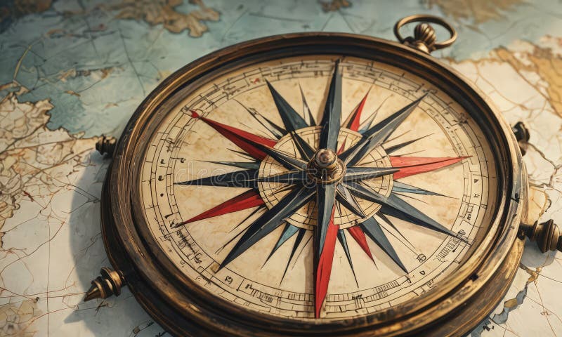 Antique Compass with White Face, Red and Blue Needle, and Gold-colored ...