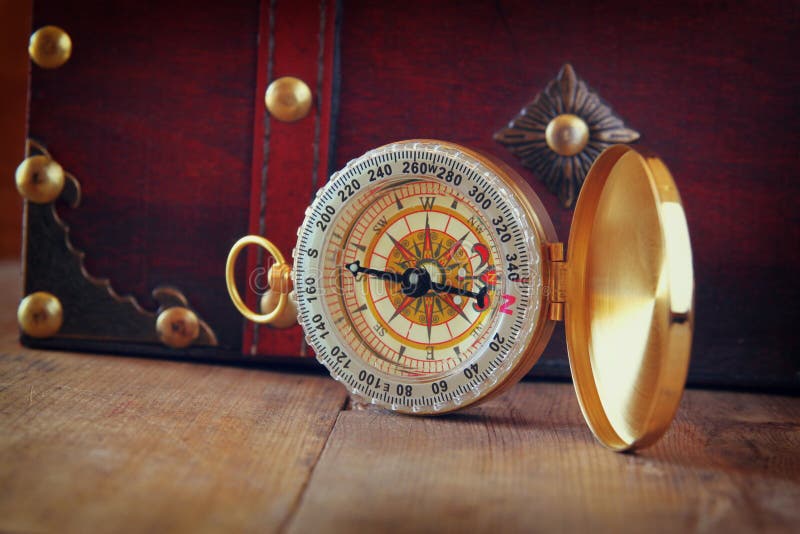 Antique Compass on Wooden Table Stock Image - Image of macro, explorer ...