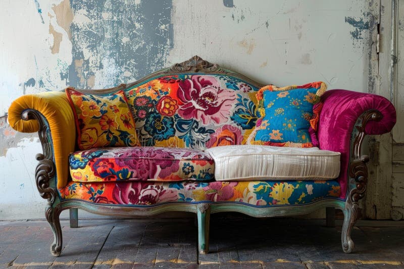 Vibrant Vintage Sofa with Colorful Upholstery Stock Illustration ...