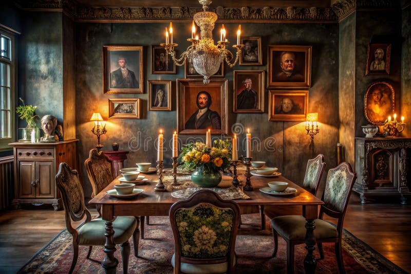 An Antique Dining Room, Elegantly Appointed with a Formal Table Setting ...