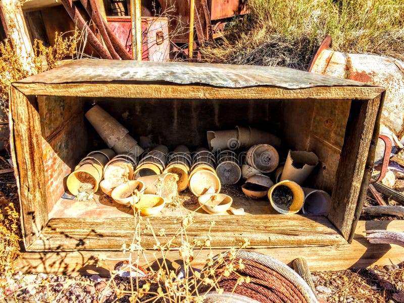 Antique Dished, Cups, Bowls in a Box, Artistic, Rustic Stock Photo ...
